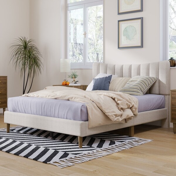 Queen Upholstered Platform Bed with Channel Tufted Headboard Queen Bed Frame Cream Bed Bath Beyond 38392542
