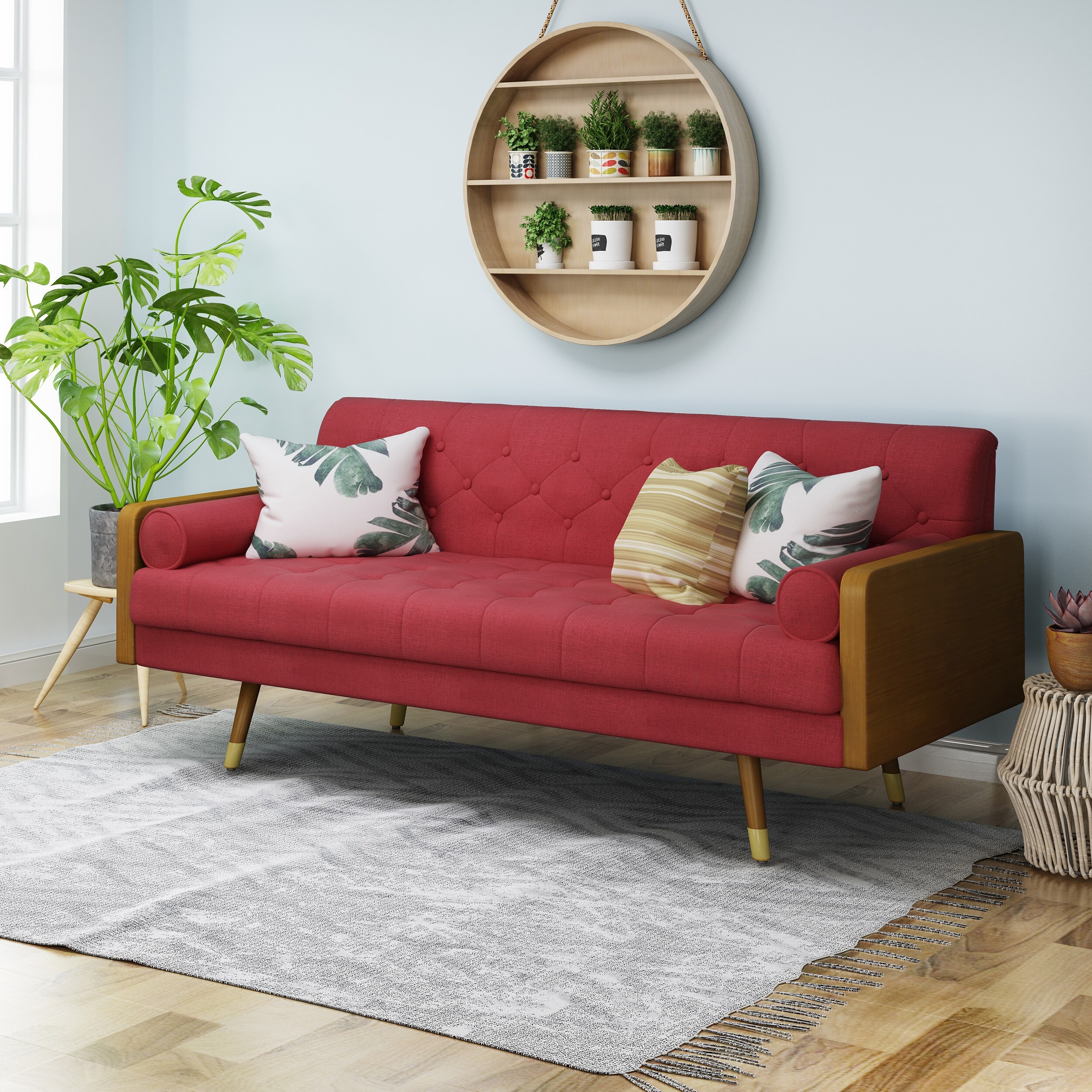 Red 72 Fabric 3 Seater Sofa with Gold Tipped Wood Legs Bolster Pillows and Mid Century Modern Tufting