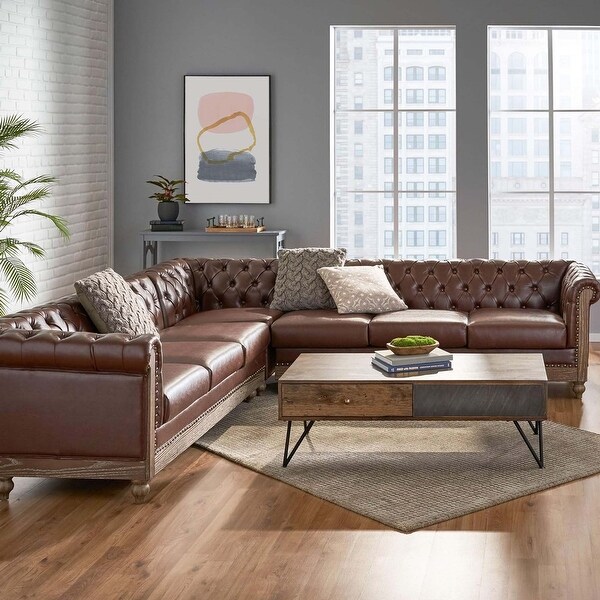 Vintage Inspired Sectional Sofa with Solid Wood Legs Tufted Backrest and Metal Rivets Durable PU Leather Couch Bed Bath Beyond 41649763