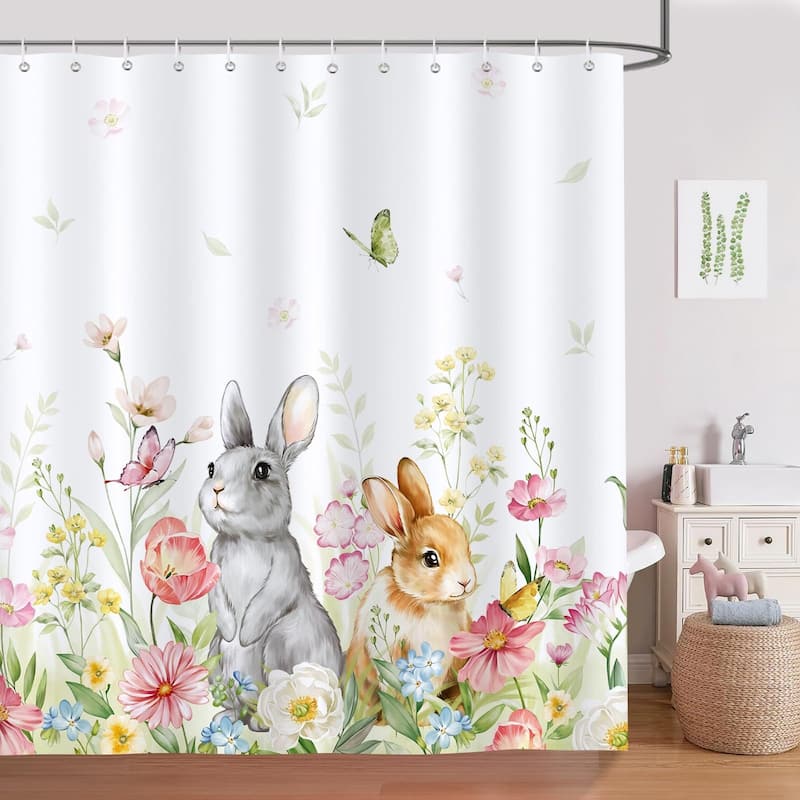 Spring Easter Bunny Shower Curtain Rabbits Floral Plant 72 x 72 Inches ...