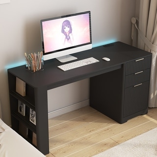 Computer Desk Particle Board with LED Lighting, Charging Station and ...