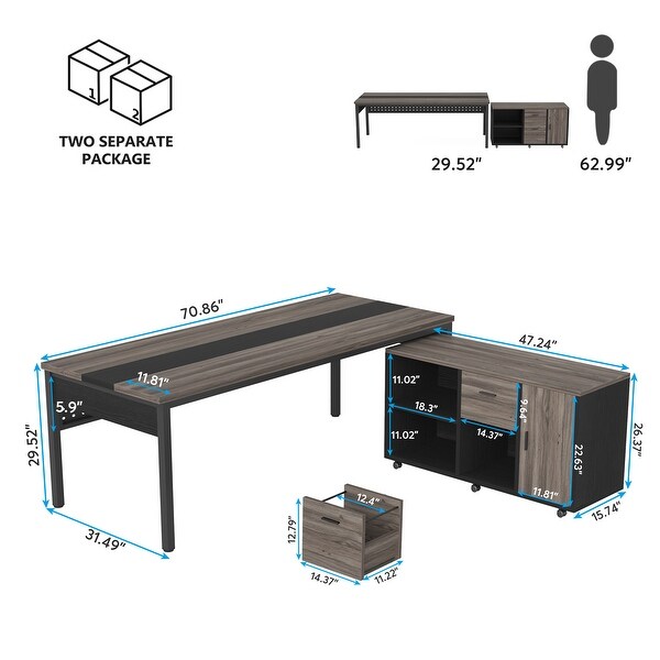 Tribesigns Industrial L Shaped Desk 71 Executive Desk with 47 Mobile File Cabinet Gray Black