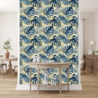 Blue Monstera Leaves with Gold Print Wallpaper Peel and Stick and ...