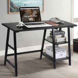 Modern Black Computer Wooden Desk Laptop Table with 2 Shelves - Bed ...