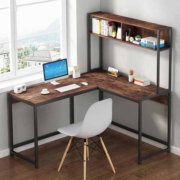 L Shaped Corner Desk Upper Storage Shelves Bookcase Retro Pattern Study ...