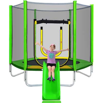 7FT Trampoline for Kids with Safety Enclosure Net, Slide and Ladder ...