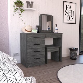 Smoke Grey Vanity Table with Mirror, Ample Storage Drawers, and Stool ...