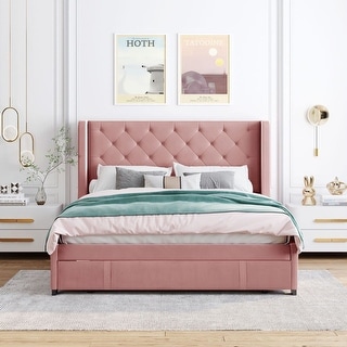 Pink Queen Size Velvet Upholstered Bed with Wingback Headboard - Bed ...