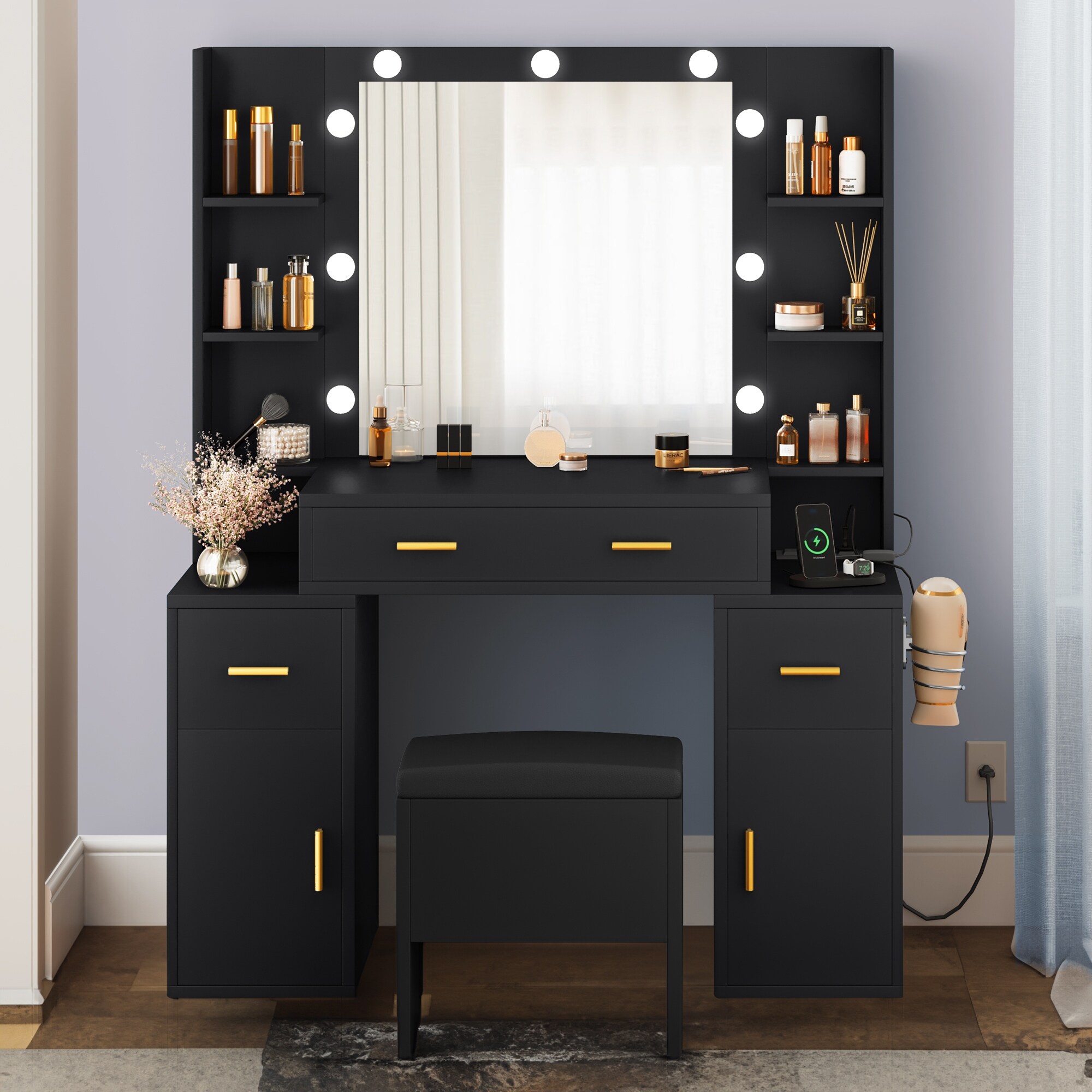 9 LED Vanity Desk Makeup Dressing Table Set With Lighted Mirror Power Outlets 43.3 L x 15.7 W x 55.1 H On Sale Bed Bath Beyond 40790126