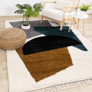 Bella Collection - Cream/Brown/Blue Large Blocks Plush Area Rug - Bed ...