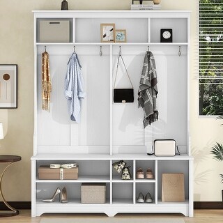 Wide Hall Tree Storage Bench with Shoe Cabinet for Mudroom, Modern ...