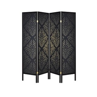 4 Panel Folding Floor Screen with Damask Pattern in Black - Bed Bath ...
