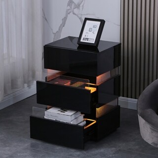 Black High Gloss LED Side Table with 3 Drawer for Bedroom Living Room ...
