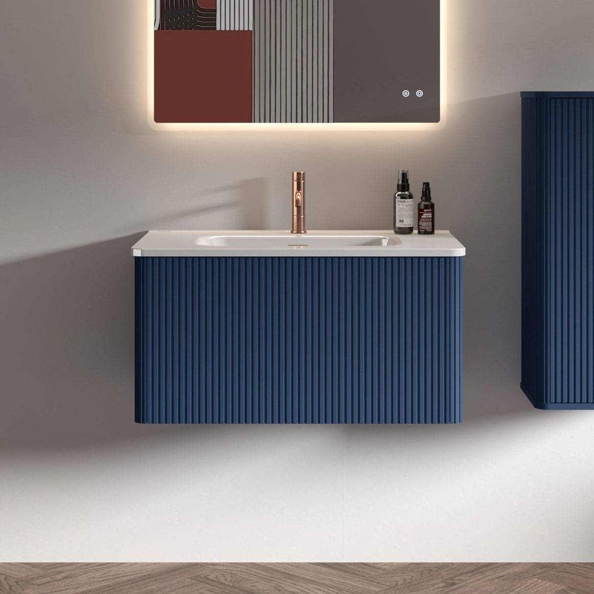 30" Striped Navy Blue Bathroom Vanity with White Ceramic Sink, Wall ...