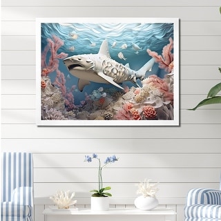 Designart "Coral And Sharks Collage Symetry" Coastal Coral Under Water ...