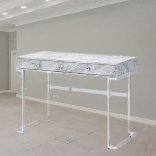 Sleek White Faux Marble Writing Desk with Chrome Finish and Storage ...