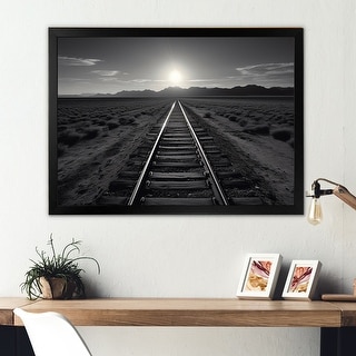 Designart "Rail Track In Monochrome Canyon I" Train Framed Canvas Wall ...
