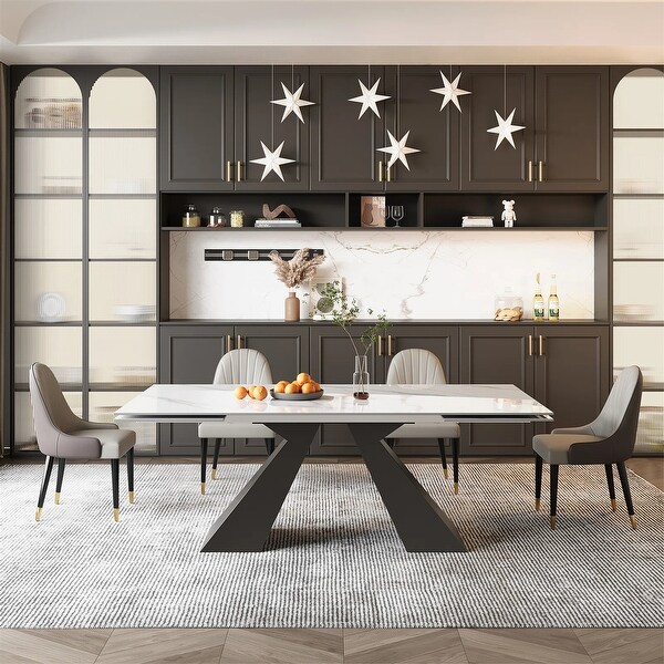 SERRINIA 9 Piece 110.24 Extendable Sintered Stone Dining Table and 8 Leather Chairs Dining Set Snow Mountain White