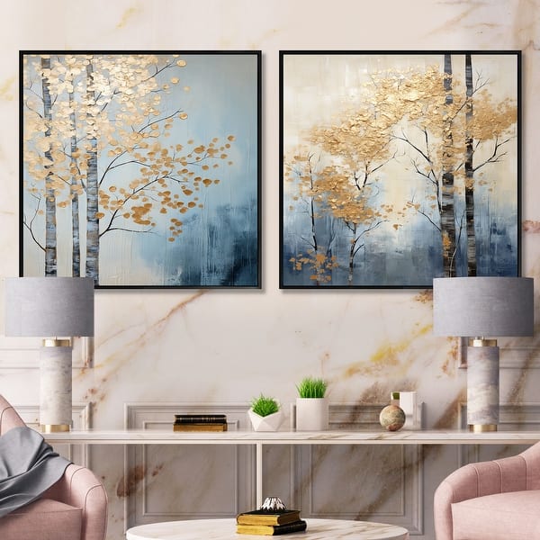 Designart "Minimalism Gold And Blue Trees Scene V" Trees Framed Art Set ...