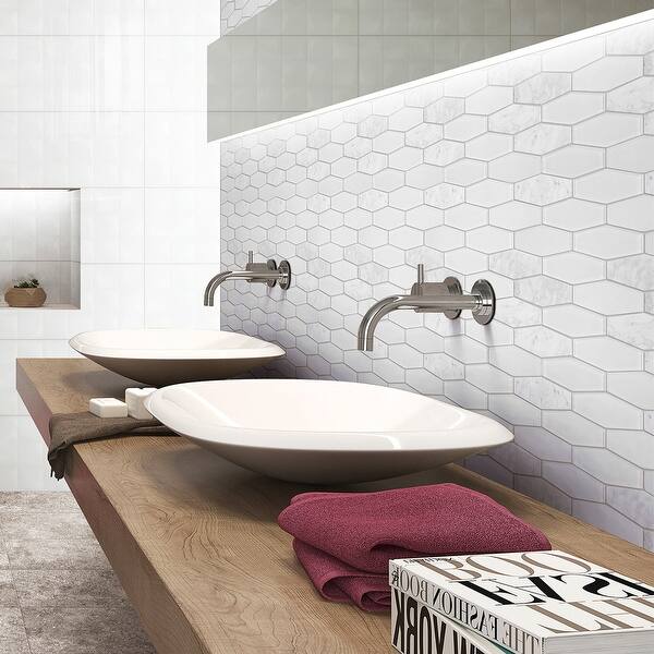 TileGen. Long Hexagon Mosaic Tile in White Wall Tile (10 sheets/10 ...