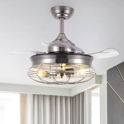 36" Modern Industrial Retractable Ceiling Fan, 3-Speed Metal Caged ...
