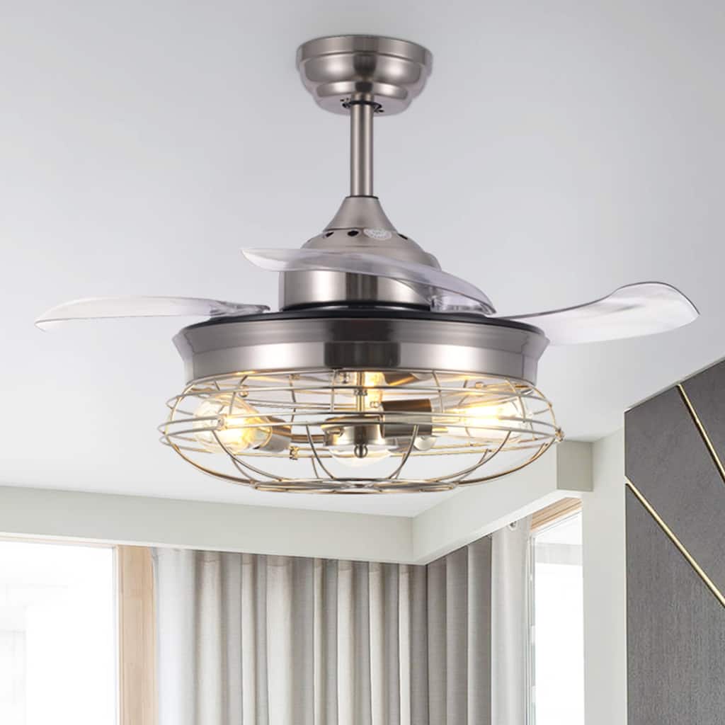 42" Modern Industrial Retractable Ceiling Fan,3-Speed Metal Caged ...