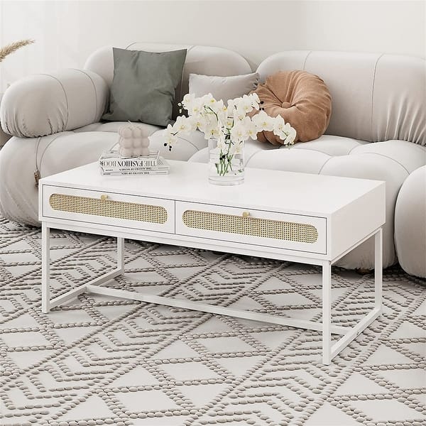 White Bohemian coffee table with natural rattan drawer - Bed Bath ...
