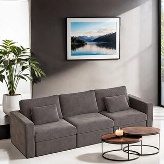 3-Seats Linen Sectional Sofa Chaise Couch with Storage Ottomans, Gray ...