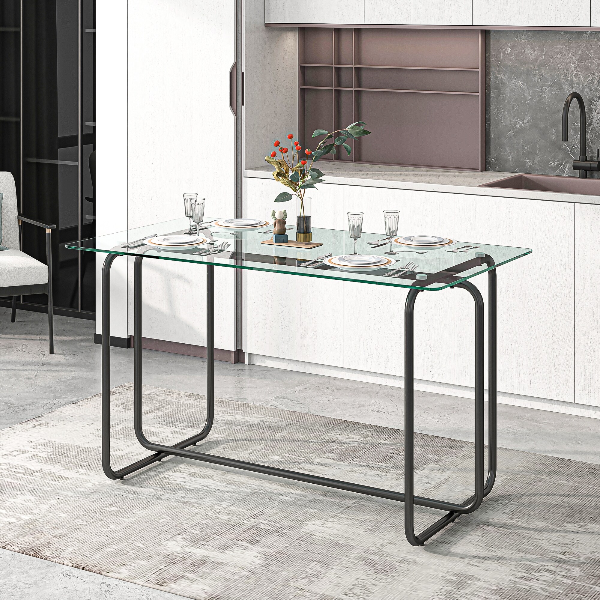 Tempered Glass Rectangular Dining Table with Metal Frame