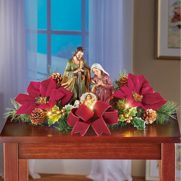 Lighted Tabletop Nativity Scene with Poinsettias - 11.100 x 10.900 x 8. ...