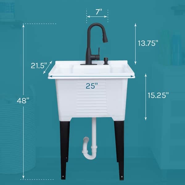 TEHILA Glossy White Utility Sink Laundry Tub with Faucet and Side ...