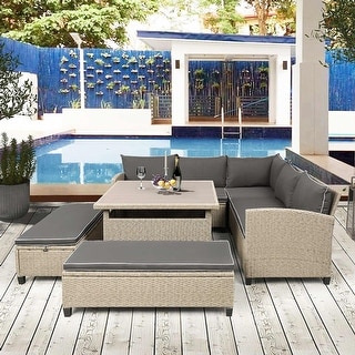 6-Piece Wicker Rattan Patio Dining Set with Table and Benches - Bed ...