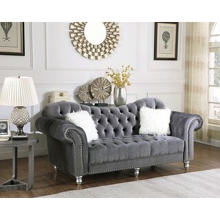Titanic Furniture Mariann Button Tufted Gray Velvet Sofa with Nailheads ...