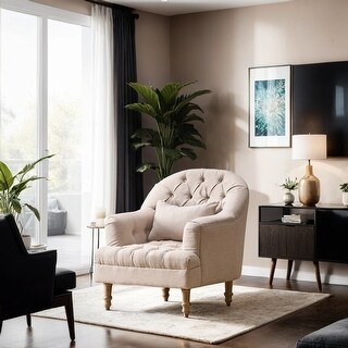 Arm Chair - Beige Fabric, Oak Legs, Tufted Backrest - Bed Bath & Beyond ...