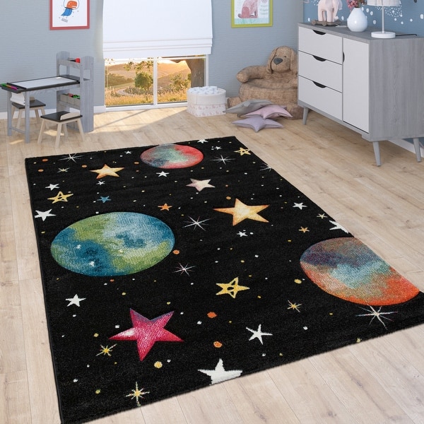 Kids Universe Rug with colored Planet Earth and Stars Space in Black ...