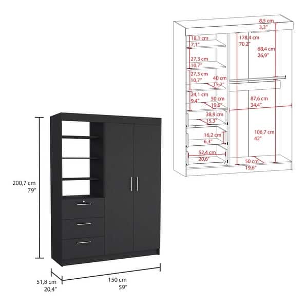 Kenya 3-Drawer Armoire with 3 Upper Shelves, 2 Hangers, Metal Handles ...