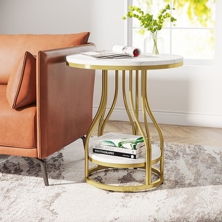 Round Side Table White Gold End Table 2-Tier End Table Modern Bedside ...