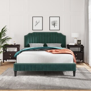 Queen Size Linen Upholstered Bed, Wooden Platform Bed Frame with ...