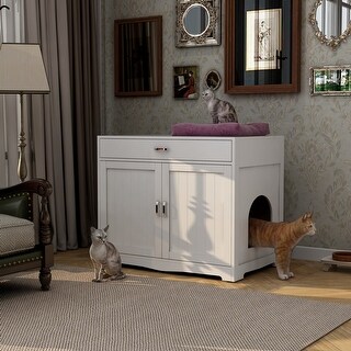 Cat Litter Box Enclosure with Storage Drawer and Hidden Plug,White ...