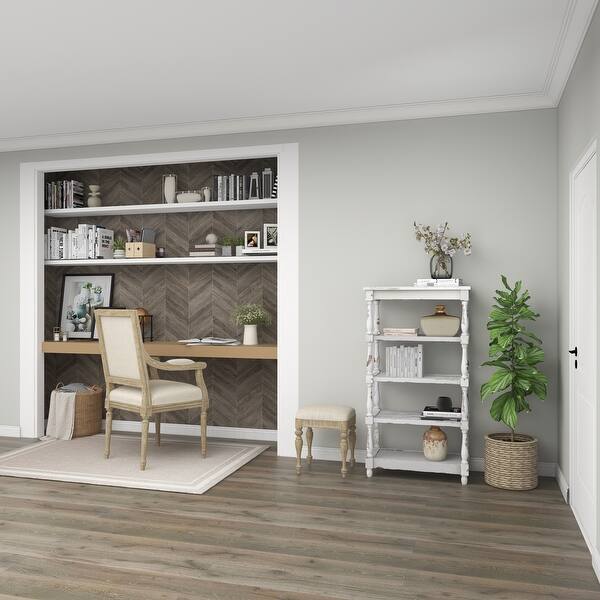 White Wood Distressed Open 5 Shelf Shelving Unit with Spindle Sides and ...