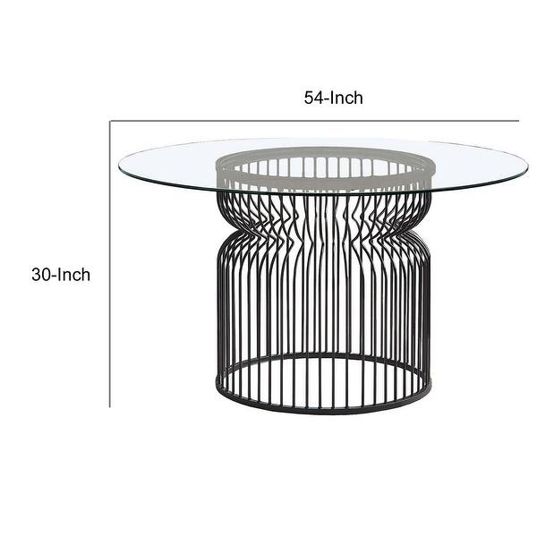 30 Inch Dining Table, Glass Top, Metal Cage Hollow Cylinder Base, Gray ...