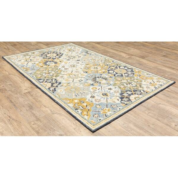 Agen Blue Gold Hand-Tufted Wool Geometric Floral Casual Area Rug - Bed ...
