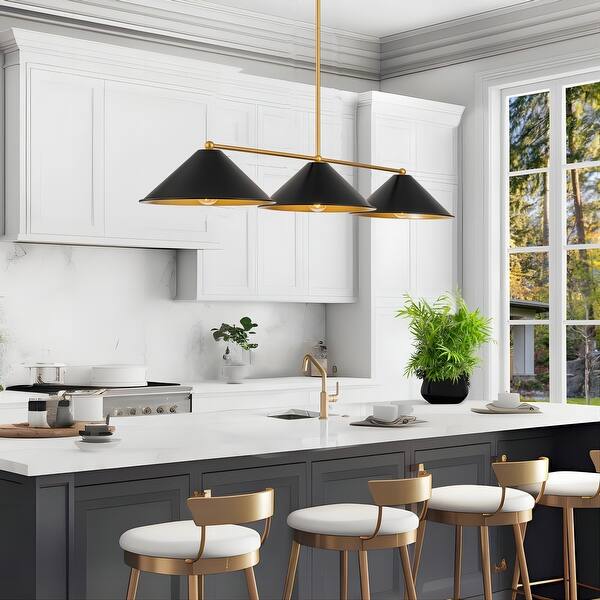 3-Light Mid-Century Modern Black Gold Linear Cone Dimmable Large ...