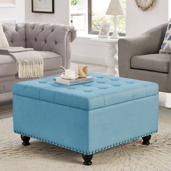 Light Blue Square Storage Ottoman with Wooden Legs Coastal Elegance Bed Bath Beyond 40682168