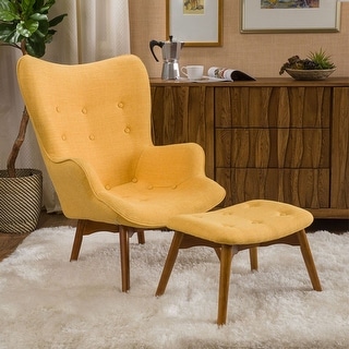 Mid-Century Wingback Fabric Chair and Ottoman Muted Yellow - 29" x 37. ...