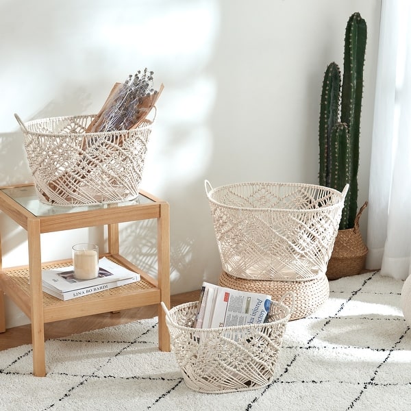 Set of Three Macrame Oval Cotton Rope Storage Bins with Ear Handles And ...