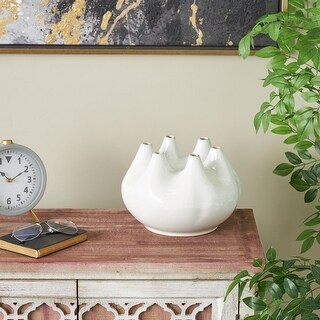 White Ceramic Round Wide Decorative Vase with Multiple Openings - Bed ...