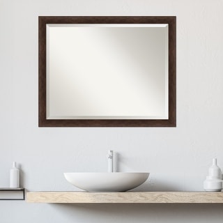 Warm Walnut Narrow Beveled Wood Framed Bathroom Vanity Wall Mirror ...