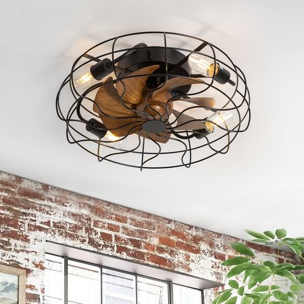 19-in Black Enclosed Indoor Flush Mount Cage Ceiling Fan with Light and ...