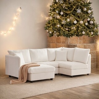 Modern Sectional Sofa,L-shaped Couch Set/5-seat Polyester Couch Set with Convertible Ottoman ...